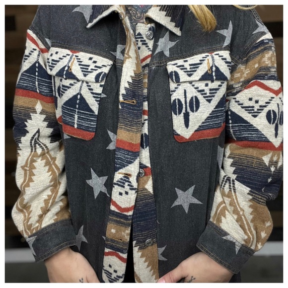 Jackets & Coats | Aztec Faded Stars Black Denim Oversized Jacket Sz M ...